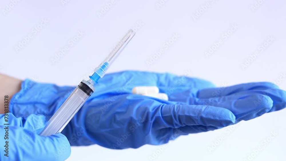 Injection or pill. The doctor holds a syringe and a pill. Hands in blue ...
