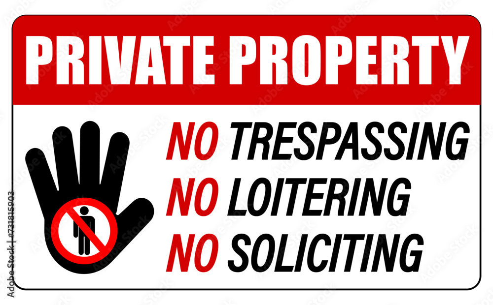 Private property. No trespassing, no loitering, no soliciting. Sign ...