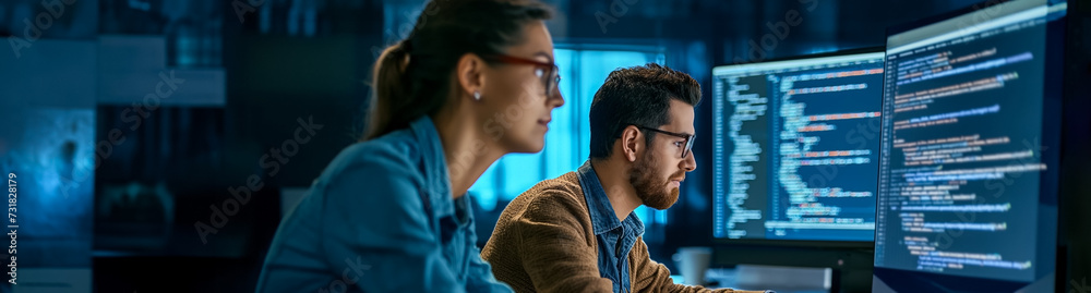 Professional male and female programmers collaborating on code in a dark office environment ...
