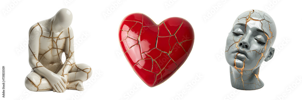 Human body, head and heart objects broken and repaired with gold using ...