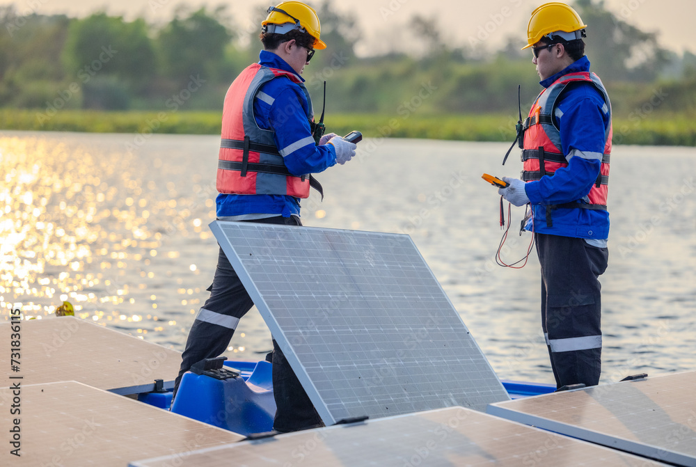 Technicians check floating solar farm wiring, polarity, and grounding ...