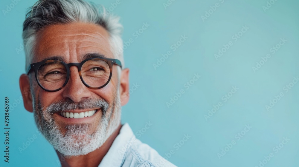 Smiling man with gray hair and beard, wearing glasses, against light ...