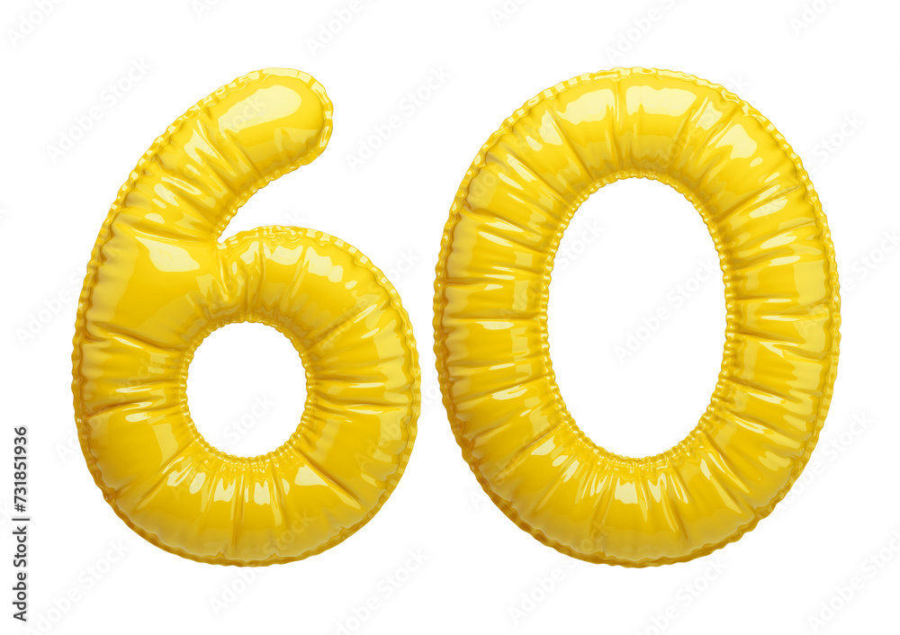 60. Glossy inflatable balloon with the number sixty. Yellow volumetric ...