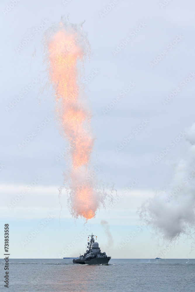 Russian warship fired decoy flares for self defense, sailing at sea ...