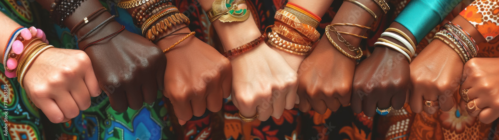 A diverse Women's Fists Wearing Equality Bracelets Against White ...