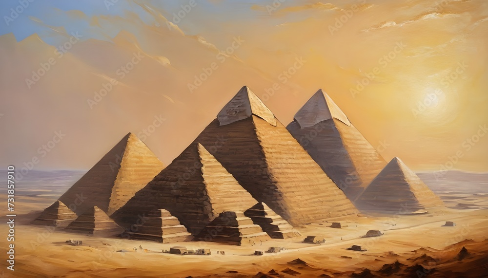 Oil Painting of the Ancient Pyramids of Giza Standing Proud Against the ...