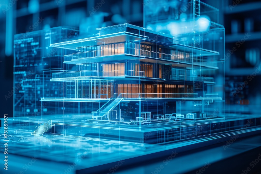 Architectural model of a building with holographic blueprints Stock ...