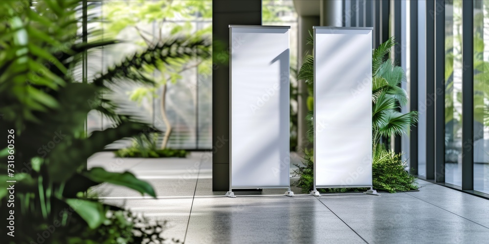 Blank roll up banners in a modern office lobby Stock Illustration ...