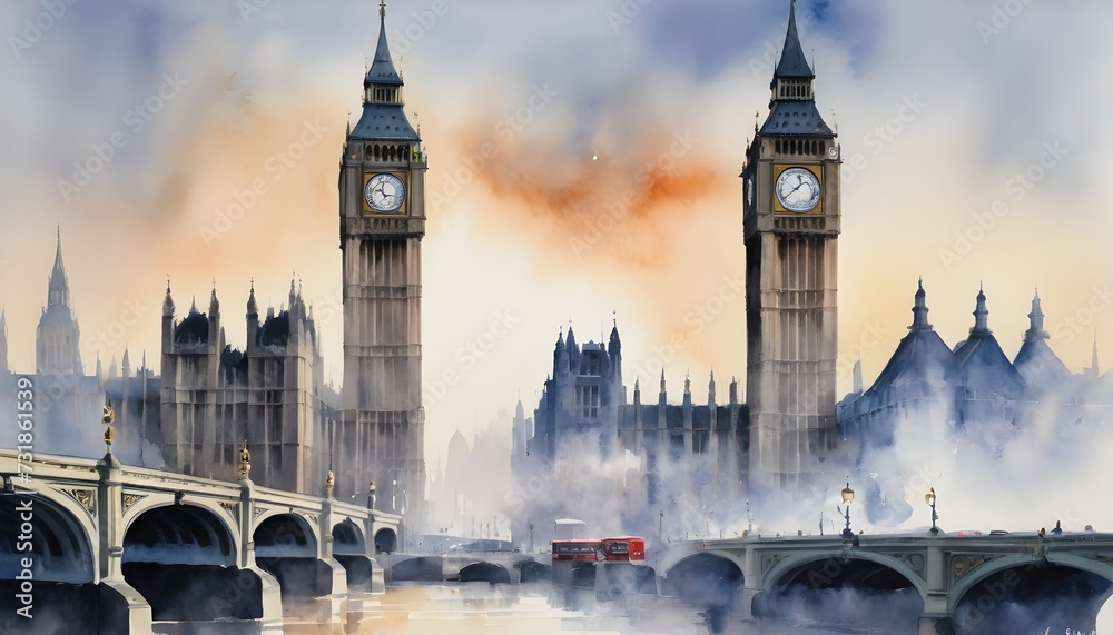 Watercolor Painting of Big Ben - shrouded in early morning mist - its ...