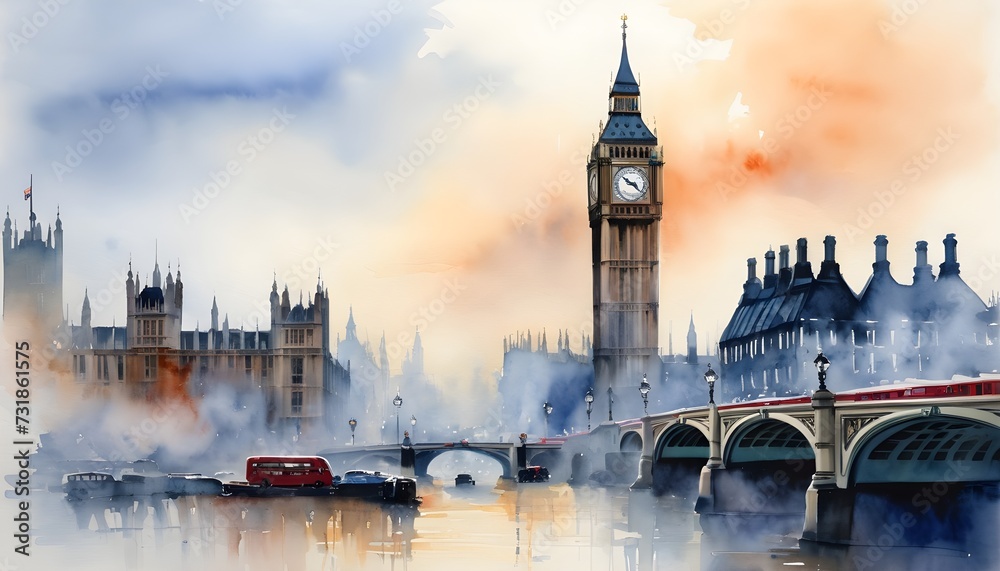 Watercolor Painting of Big Ben - shrouded in early morning mist - its ...