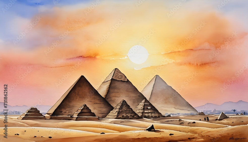 Watercolor Painting of the Pyramids of Giza - their golden sands ...