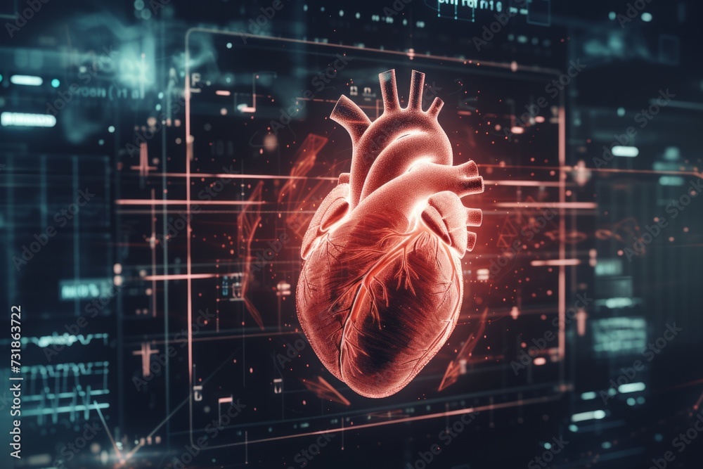 Holographic human heart with digital health monitoring interface. Stock ...