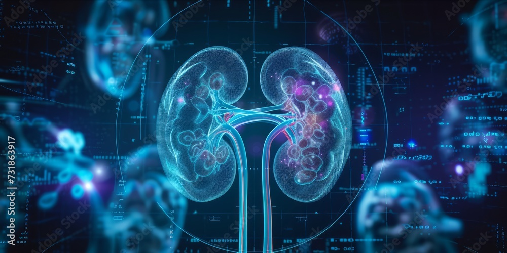Transparent digital illustration of kidneys with health monitoring data ...