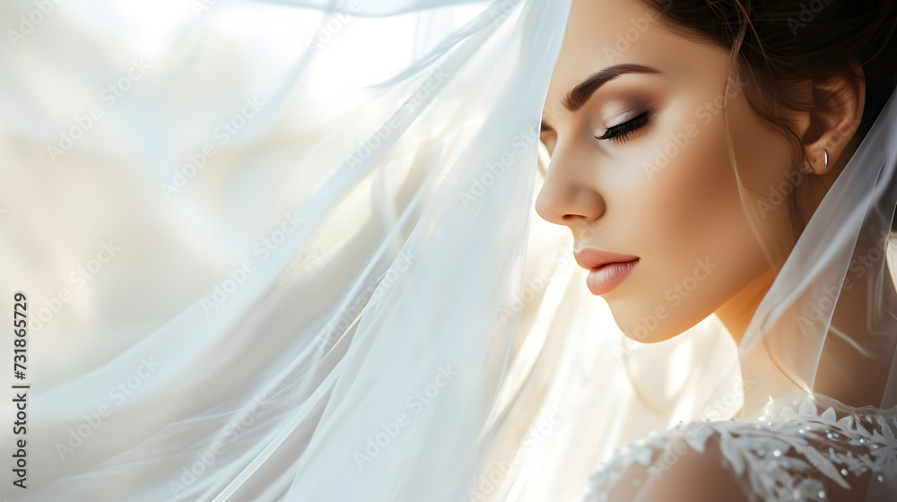 Beautiful bride wearing a white wedding dress and white veil, bride ...