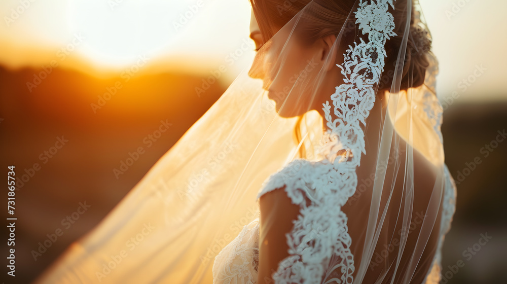 Beautiful bride wearing a white wedding dress and white veil, bride ...