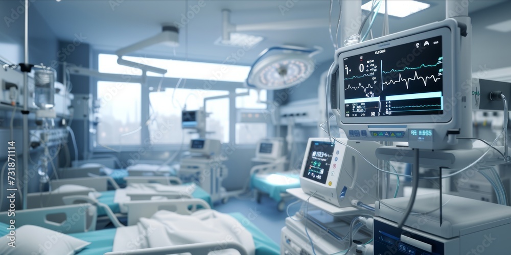 Hospital room with advanced medical equipment and digital monitoring ...