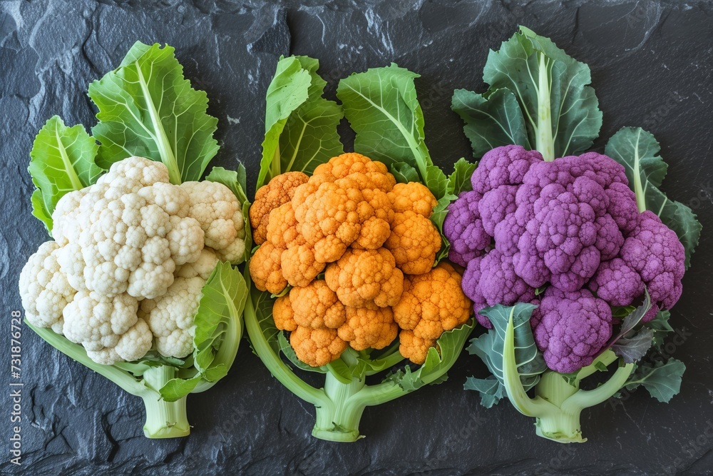 Trio of Cauliflowers in White, Orange, and Purple, A trio of ...