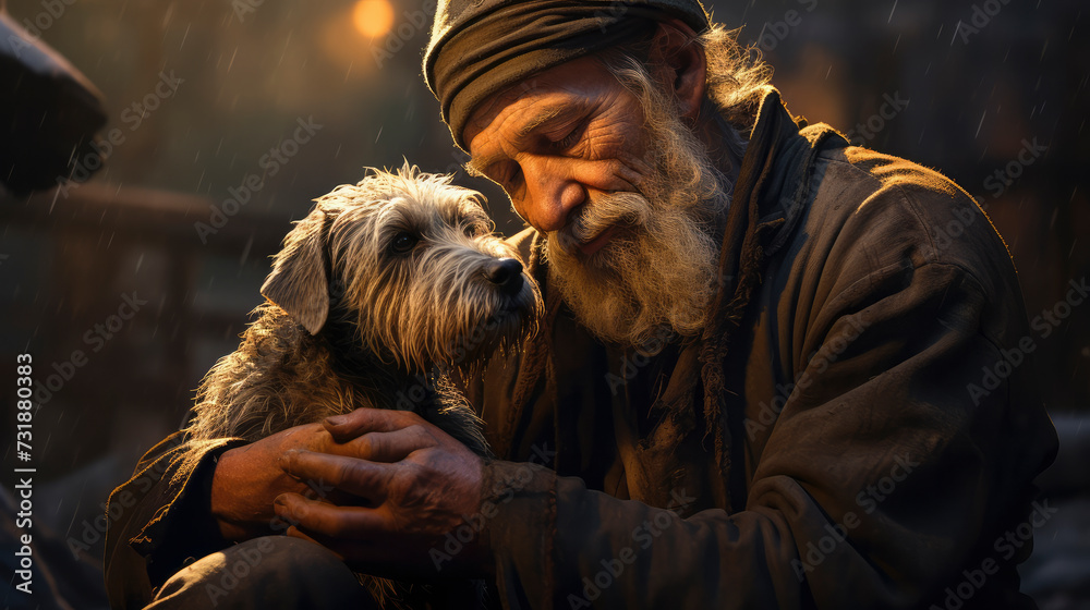 Old homeless man shows the special companionship with his dog ...
