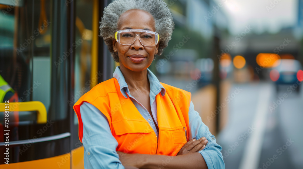 A confident bus driver in a safety vest stands with arms crossed next ...
