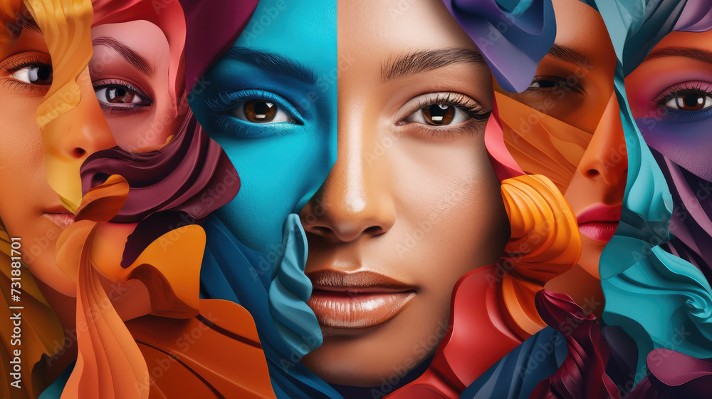 Abstract composition showcasing diverse faces in a vibrant display of ...