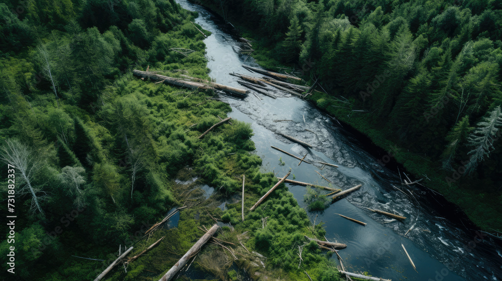 Deforestation Impact: Aerial view of a forest with loggers' felled ...