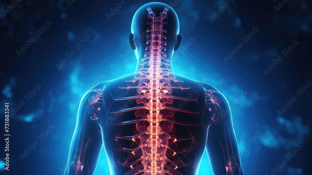 Back Pain: Glowing illustration of the human spine and pain radiating ...