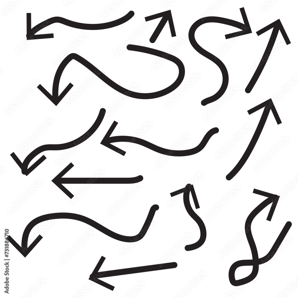 Doodle arrows. Hand drawn line pointers, pencil sketch elements, round ...