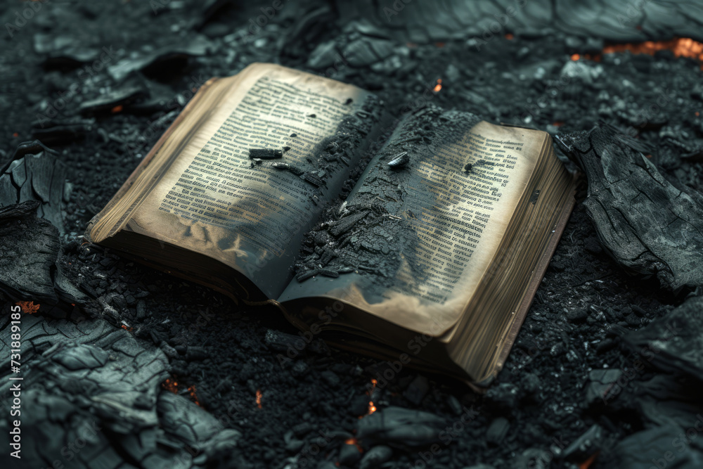 An open, burning book . A book saved from a fire lying in ashes on the ...