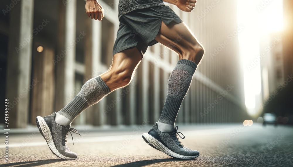 Runner's legs in motion, eco-gear from recycled materials shows speed ...