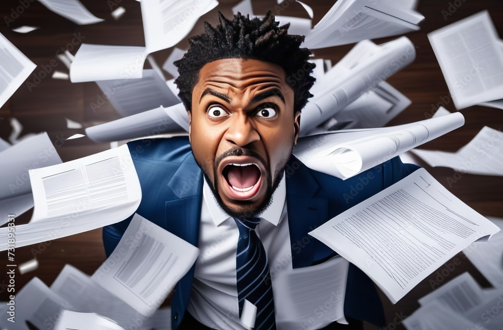 Angry African American office employee, littered with papers, screaming ...