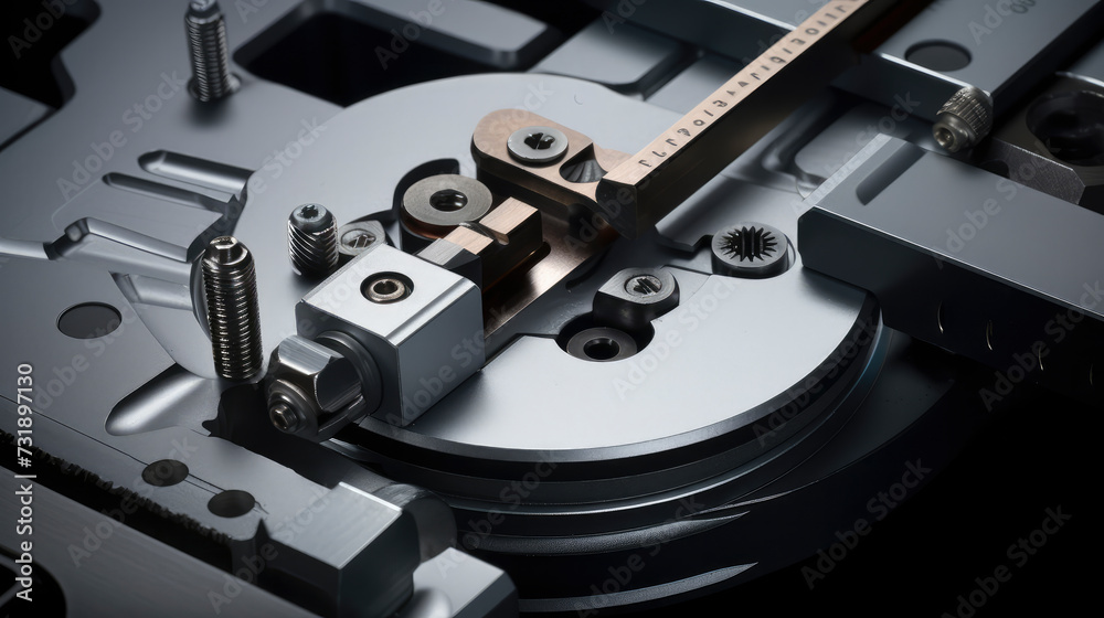 close up of view of Mechanical precision background: Steel machined ...