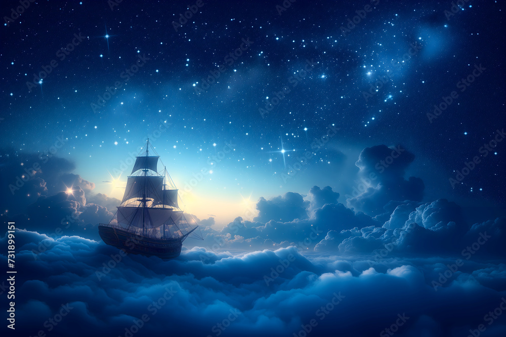 As twilight blends into night, a grand sailing ship voyages across a ...