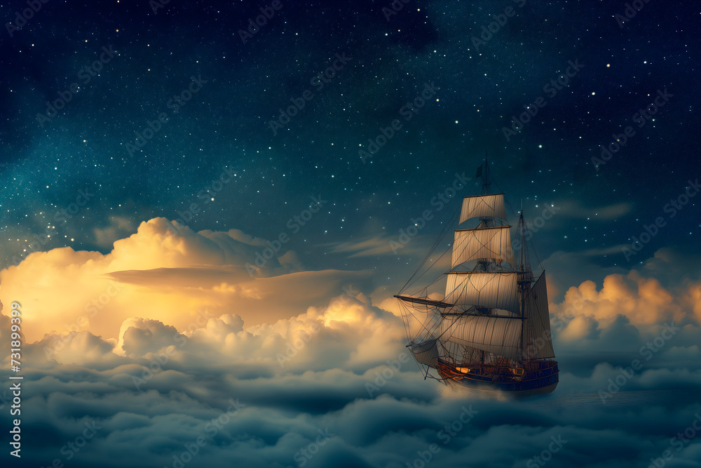 As twilight blends into night, a grand sailing ship voyages across a ...