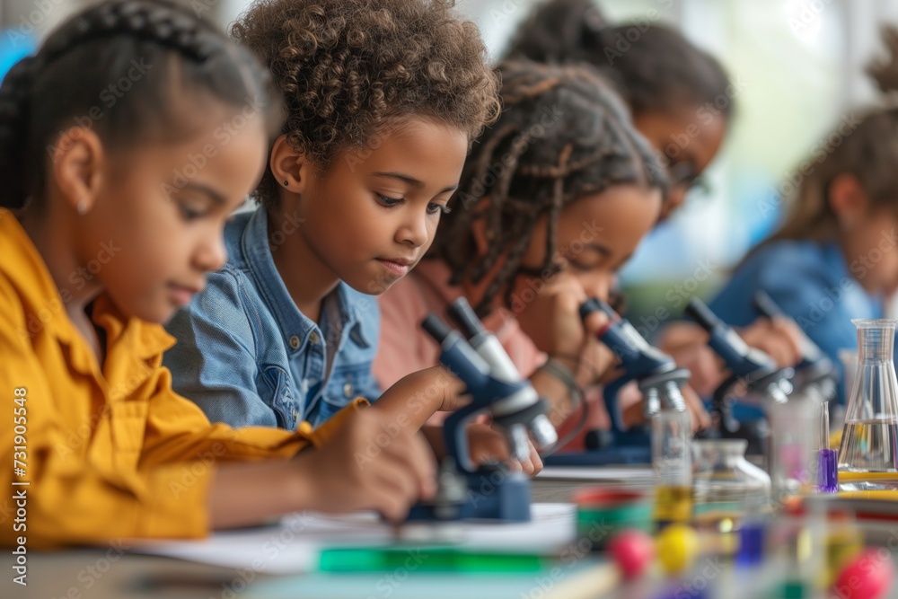 Diverse young girls with microscopes in science class, hands-on ...