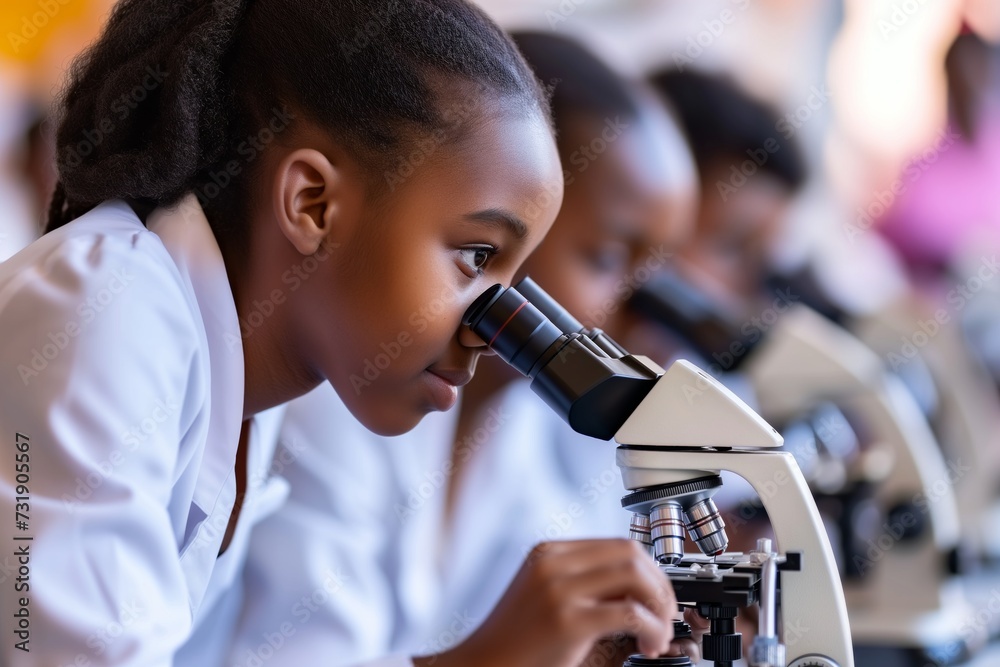 Engrossed African student peers through microscope, scientific ...