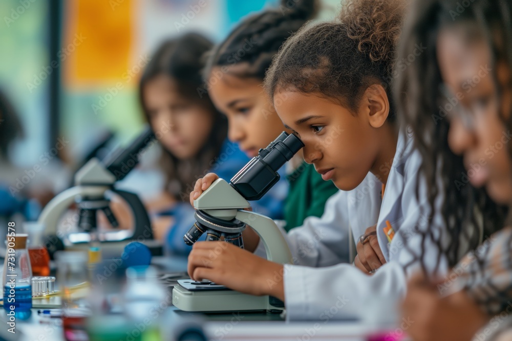 Diverse young girls with microscopes in science class, hands-on ...
