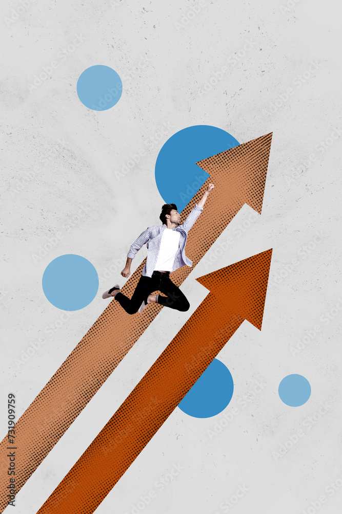 Vertical collage illustration of working successful man jumping ...