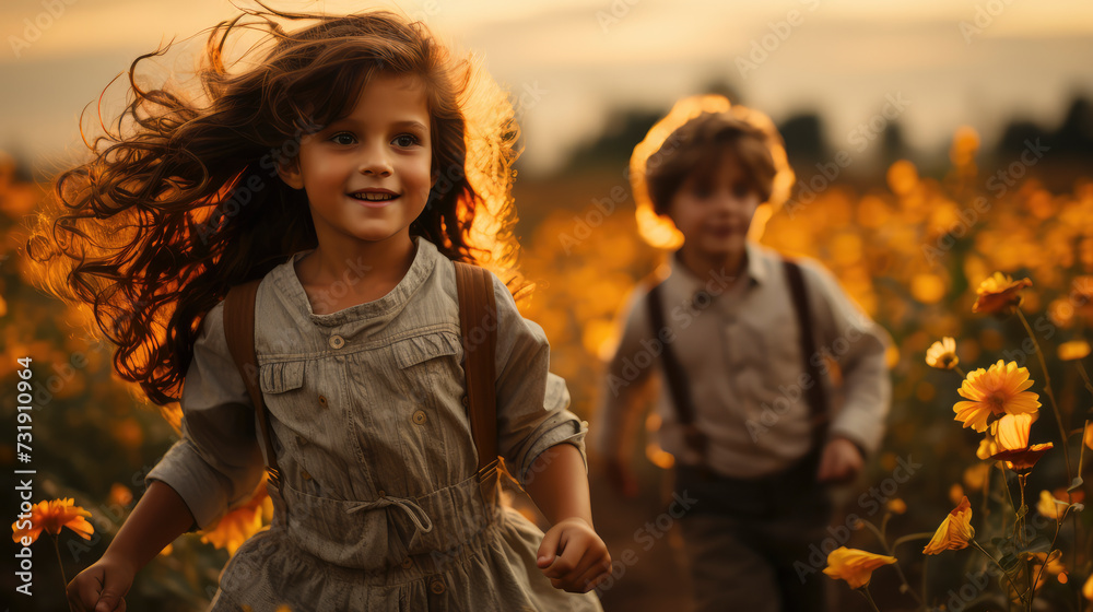 Freedom of child hood Golden sunlight bathes a dynamic group of friends ...
