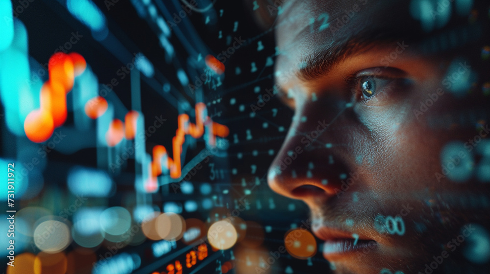 An abstract network of digital numbers and forex symbols reflecting on ...