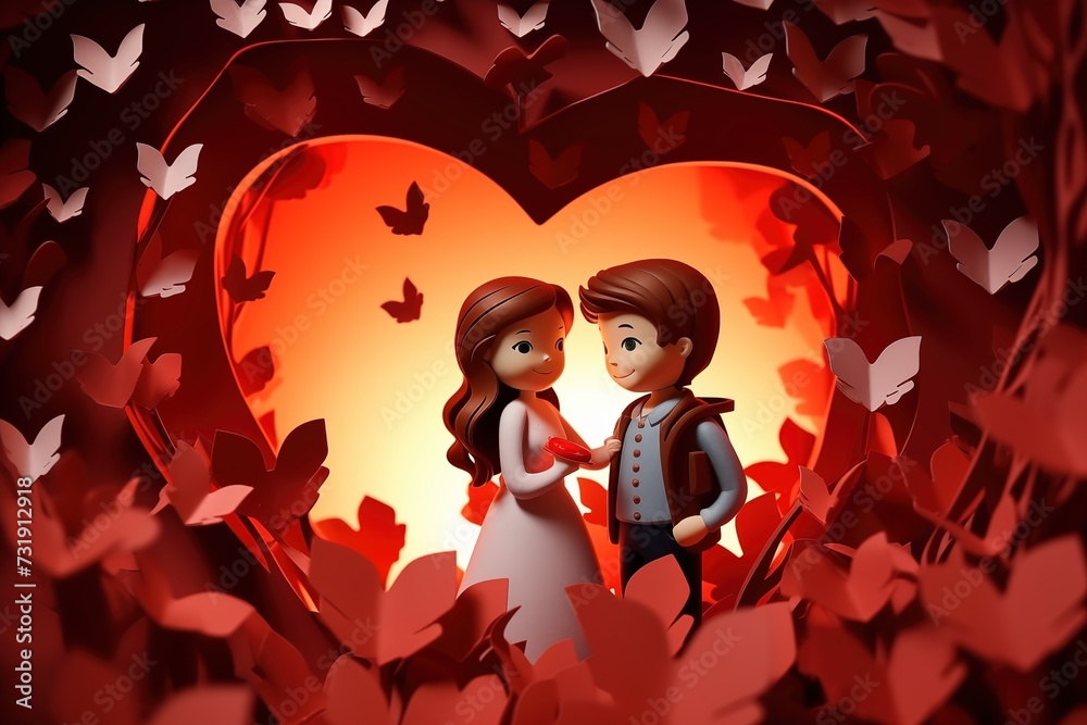 paper cut art style of two cute cartoon man and woman couple lover ...