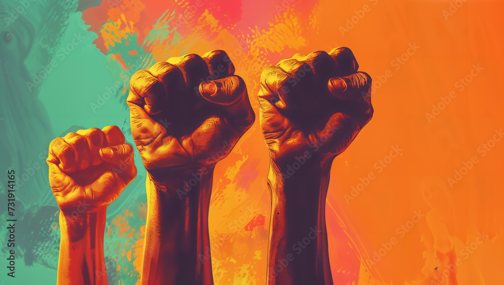 An emotive visual of raised fists, an iconic symbol of the Black Power ...