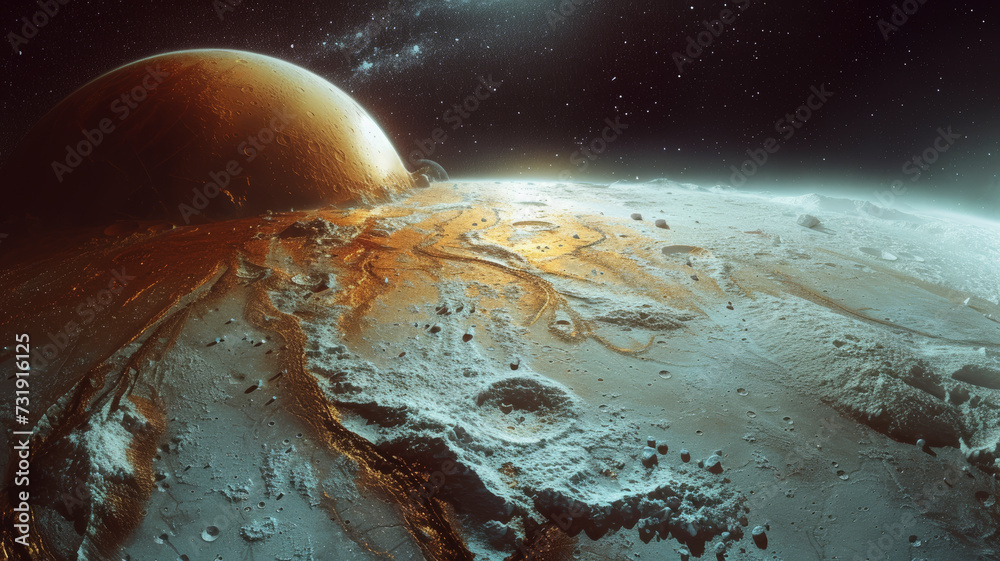 Pluto. Abstract close-up view of the frozen wonders on Pluto, a cosmic ...