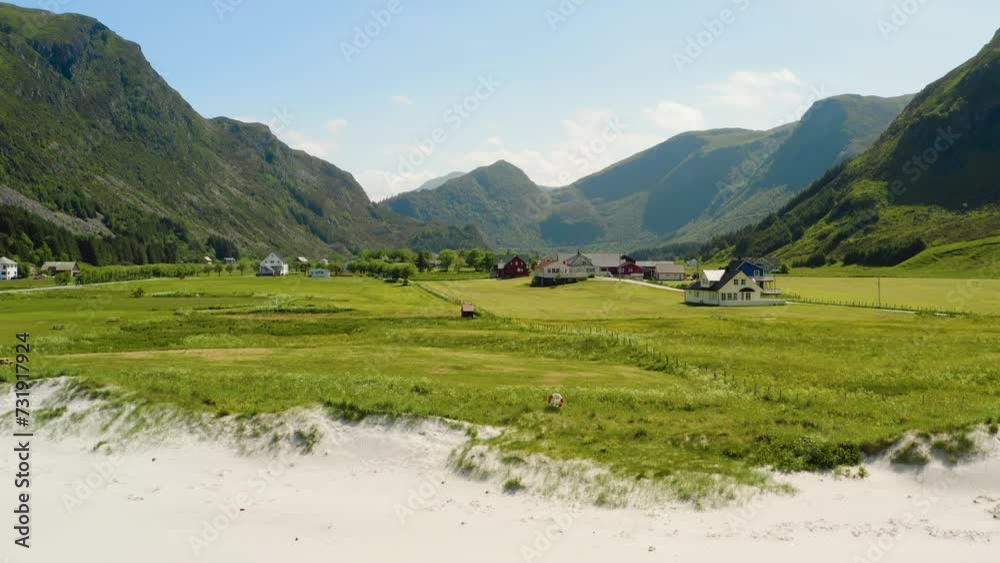 Cinematic aerial establishing shot, low drone flight pull in over white ...