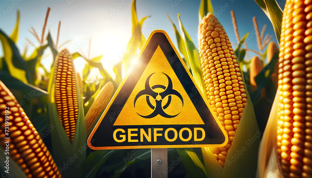 Genfood sign in front of a field. Genetically modified crops ...