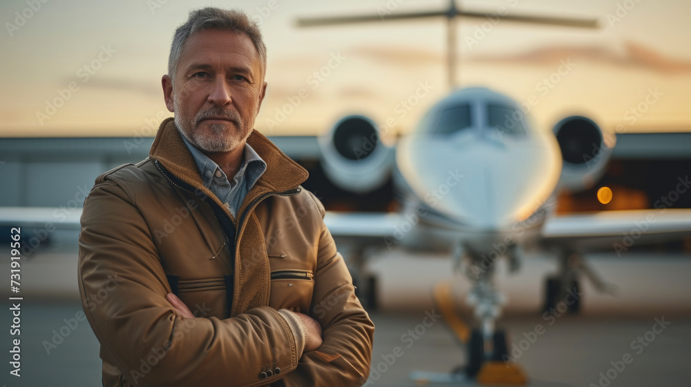 Extreme wealth. A proud owner basks in the luxury of a private jet ...