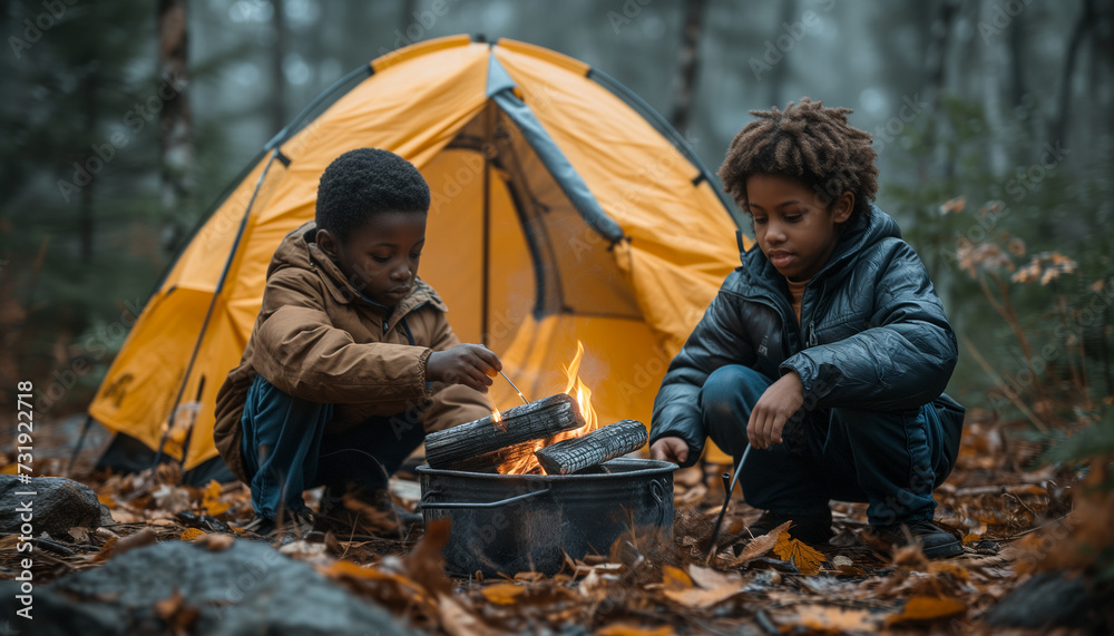 Two black american boys building a fire in a fire pit made out of ...
