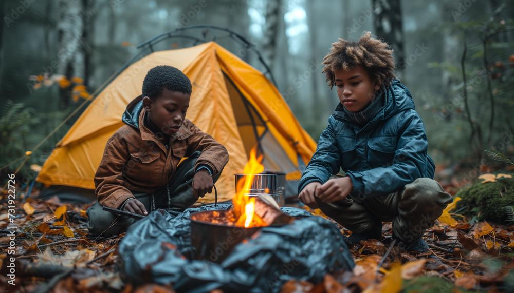 Two black american boys building a fire in a fire pit made out of ...