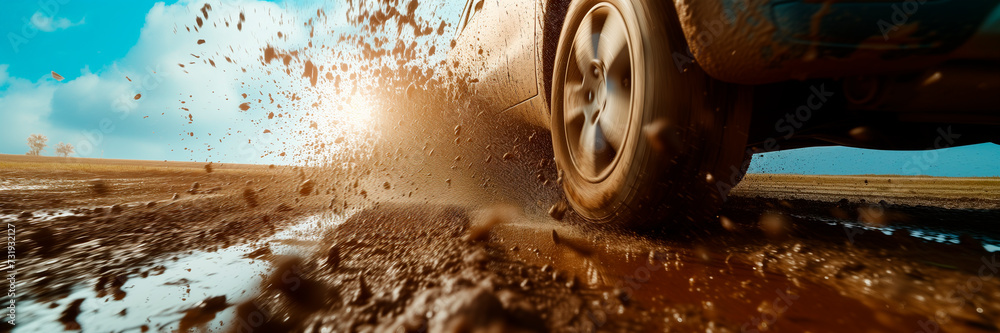 Getting off the beaten path. Car wheels on steppe terrain splashing ...