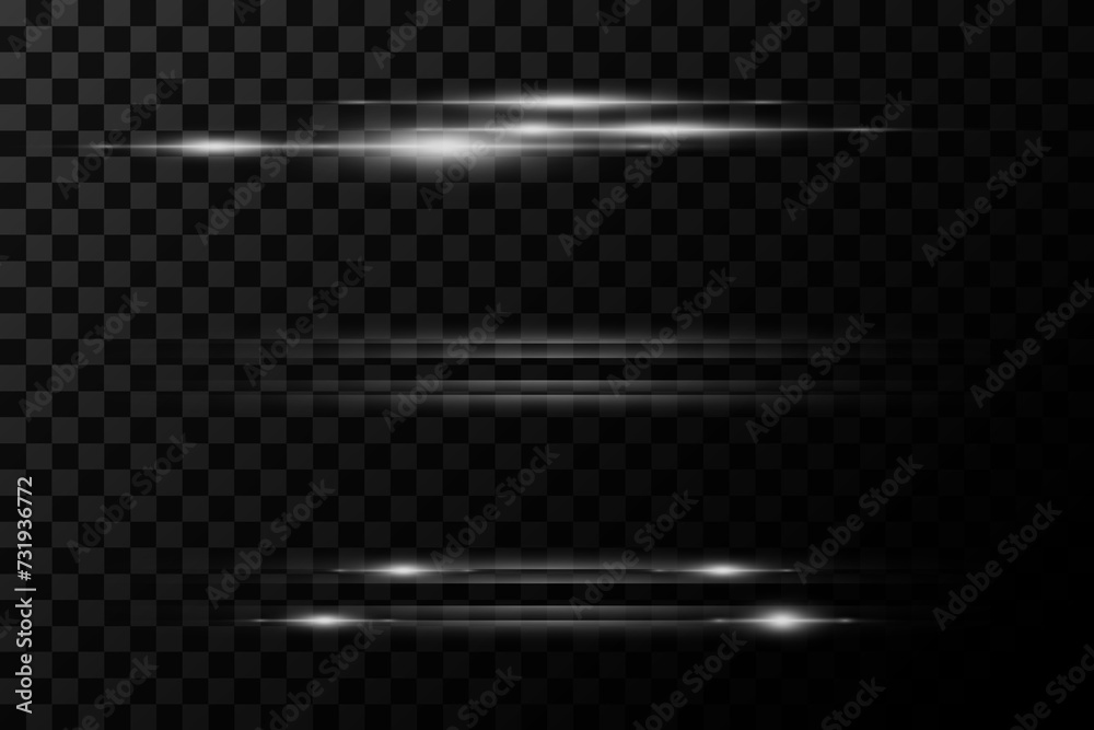 White light flashes of rays. Set of horizontal light and flare. On a ...