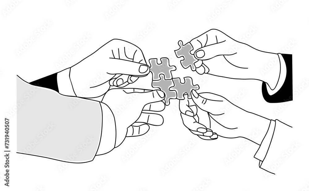 Hands of business people, colleagues holding, connecting jigsaw puzzle ...